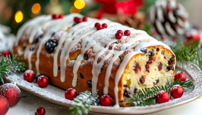 Stunning Stollen Bread Display on White Tabletop with Elegant Frosted ...