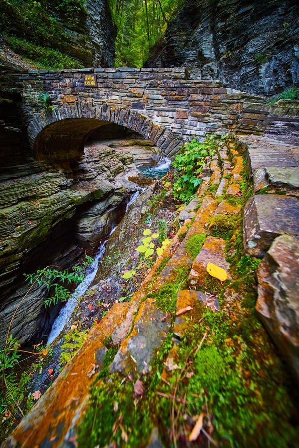 Stunning Stone Walkway Bridge Over Waterfall Gorge with Moss and Lichen ...