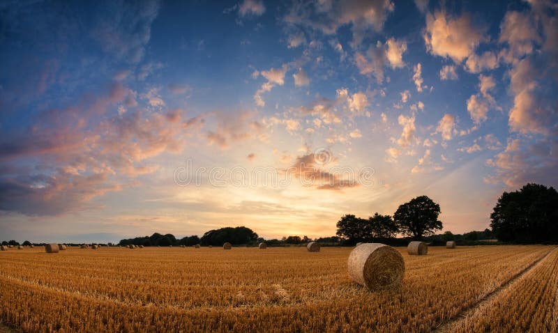 Stunning Summer Sunset Landscape Over Feild of Hay Bales Stock Image ...