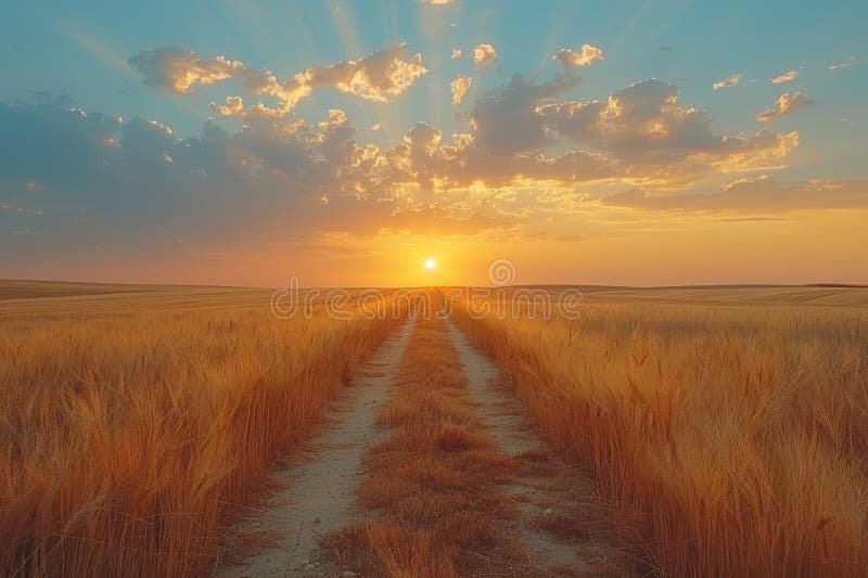 Stunning Summer Sunset Over Shimmering Wheat Fields with Sunbeams and a Deep Blue Cloudy Sky ...