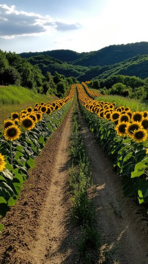 Stunning Sunflower Field Pathway Under Clear Blue Sky and Rolling Hills ...