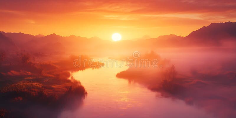 Stunning Sunrise Landscape River Mist and Golden Hour Scenery Stock ...