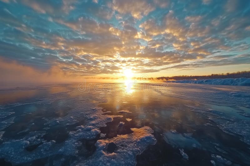 Stunning Sunrise Over an Ice Covered River Clouds Reflecting Light on ...
