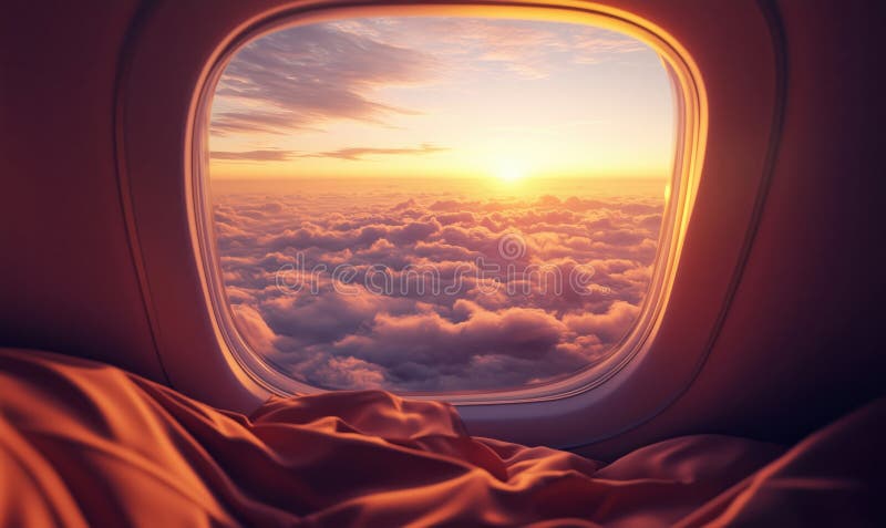Stunning Sunrise View from Airplane Window Above Fluffy Clouds Stock ...