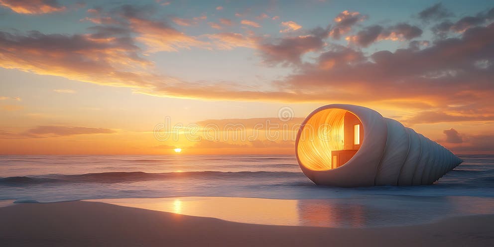 Stunning Sunset Beach Scene Glowing Cone on Sandy Shore Stock ...