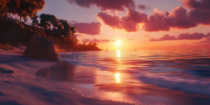 Stunning Sunset Beach Scene Tropical Ocean Birds Stock Illustration ...