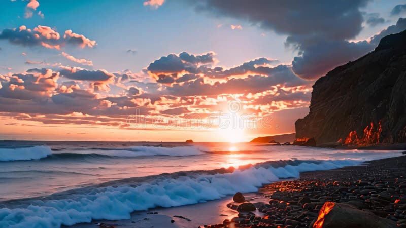 A Stunning Sunset Casts an Orange Glow Over the Ocean and Coastal ...