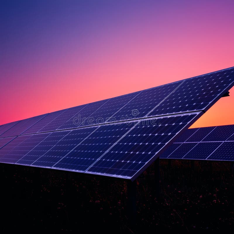 Vibrant Sunset Over Solar Panel Array with Colorful Sky Stock ...