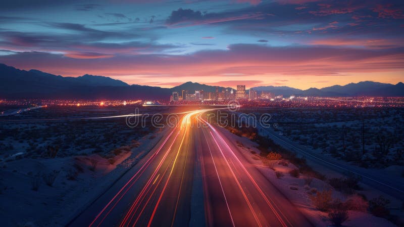 Vibrant Sunset Over Las Vegas Skyline with Light Trails on Highway ...