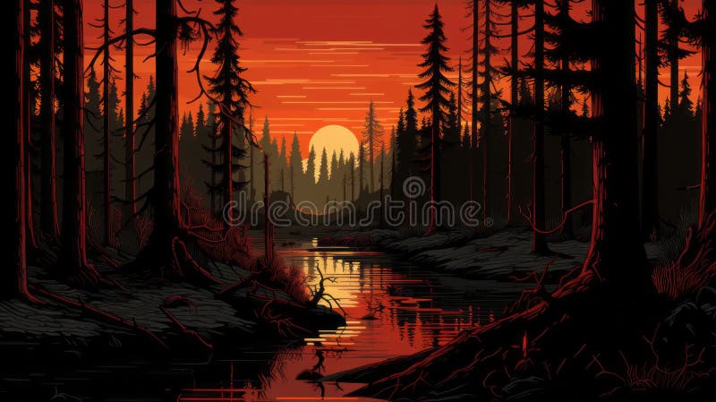 Retroselector 8-bit Boreal Forest Firehouse Image with Red Sunset Stock ...