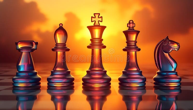 Stunning Sunset Chess Strategy: Vibrant Translucent Chess Pieces ...