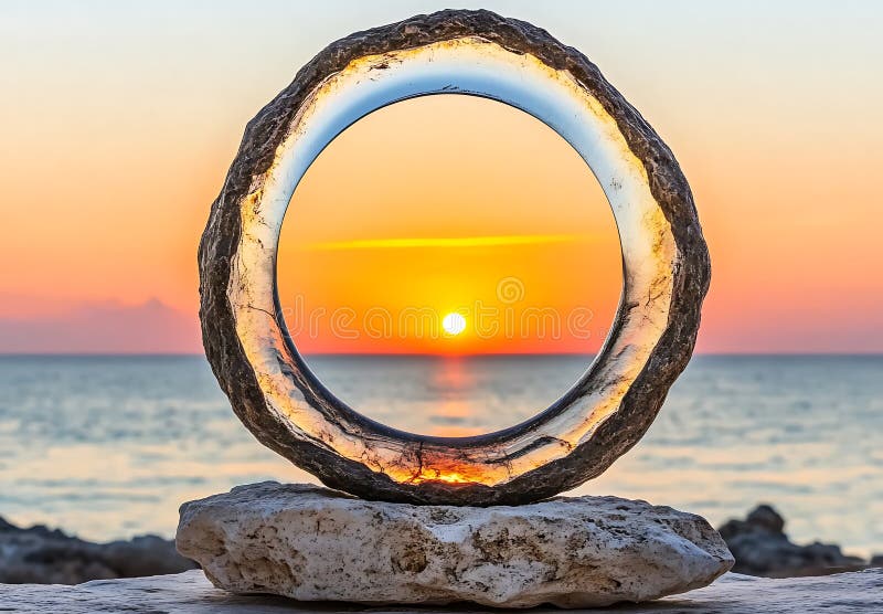 Stunning Sunset through Circular Stone Sculpture at Ocean Beach Stock ...