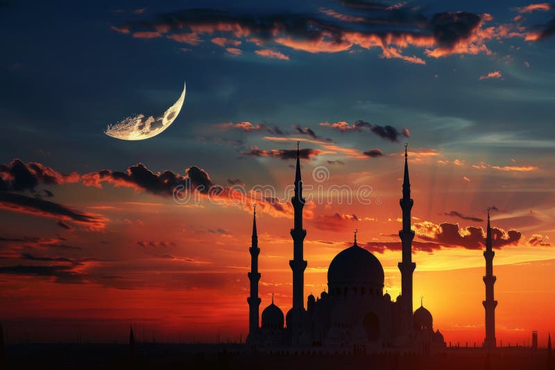 Stunning Sunset with a Crescent Moon Over a Mosque, Representing the ...