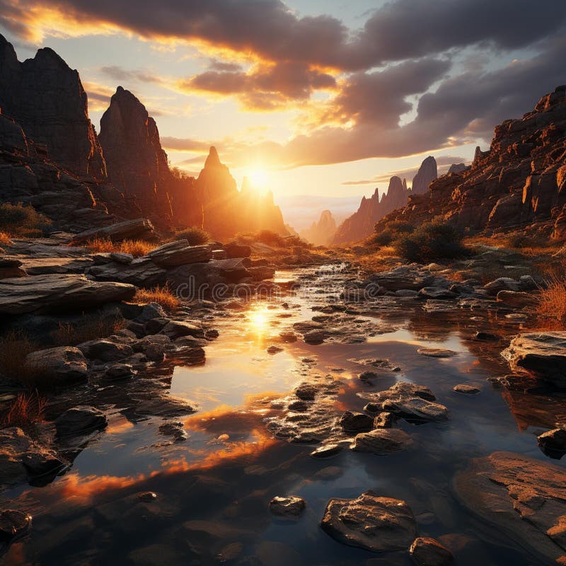 Stunning Sunset in the Desert Landscape with Large Rocks in the ...