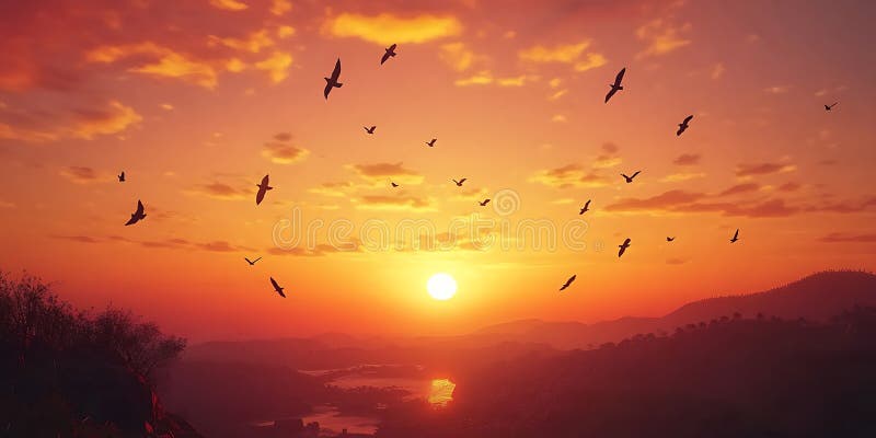 Stunning Sunset Landscape Birds in Flight at Golden Hour Stock ...