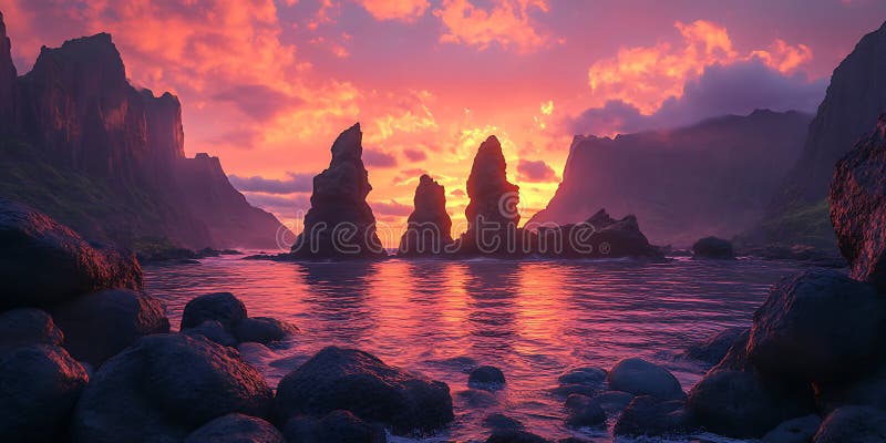 Stunning Sunset Landscape Dramatic Rocks Vibrant Colors Ocean View ...