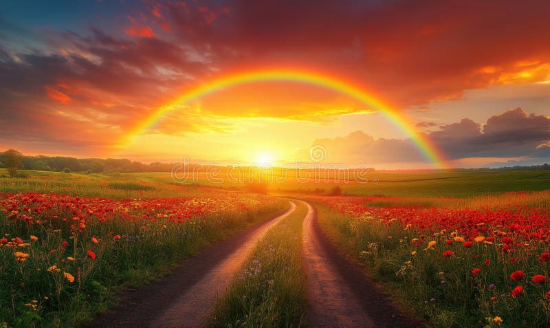 Stunning Sunset Landscape with Rainbow Over Vibrant Flower Fields and ...