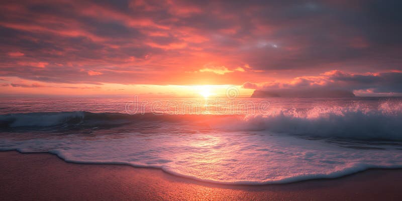 Stunning Sunset Ocean Waves Beach Scene Wallpaper Stock Illustration ...