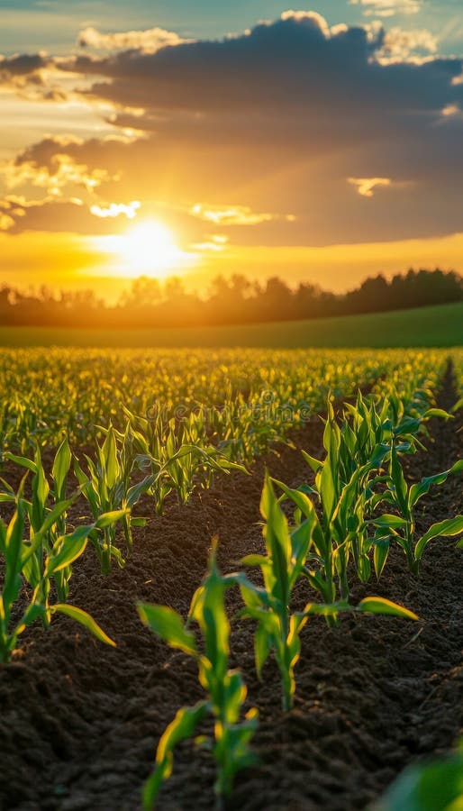 Stunning Sunset Over Agricultural Landscape with Young Corn Sprouts ...