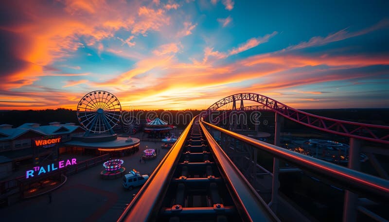 Sunset Rollercoaster Ride at Amusement Park Stock Illustration ...
