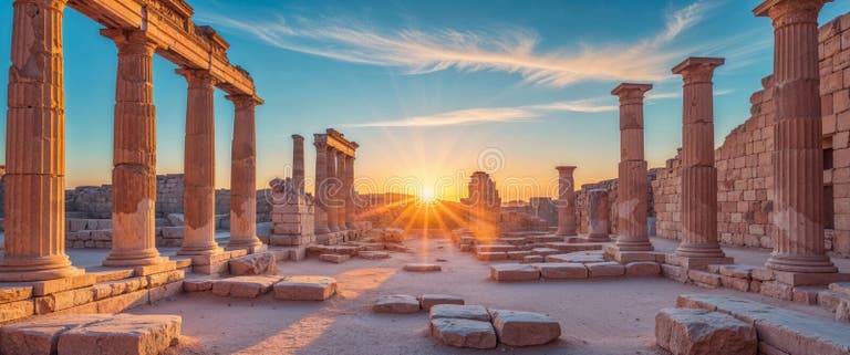 Stunning Sunset Over Ancient Ruins with Stone Columns and Pathways ...