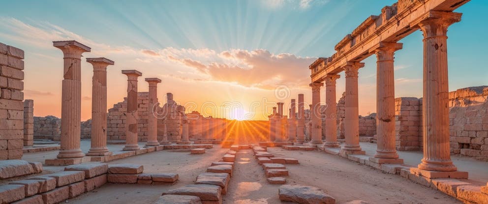 Stunning Sunset Over Ancient Ruins with Stone Columns and Pathways ...