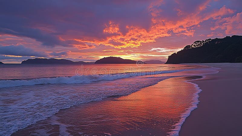 A Stunning Sunset Over a Beach with Soft Waves Lapping at the Shore ...