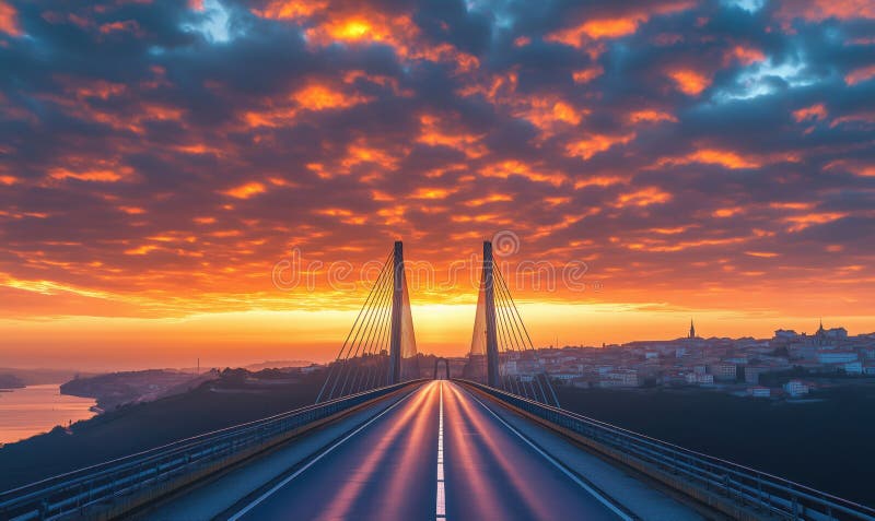 Stunning Sunset Over Bridge with Dramatic Clouds and City Skyline in ...