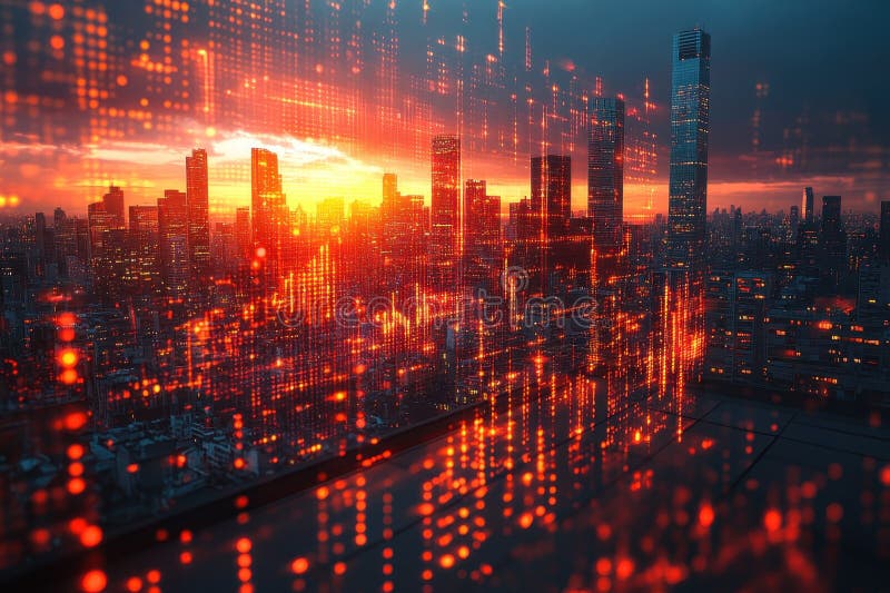 Stunning Sunset Over a City Skyline with Digital Data Patterns ...