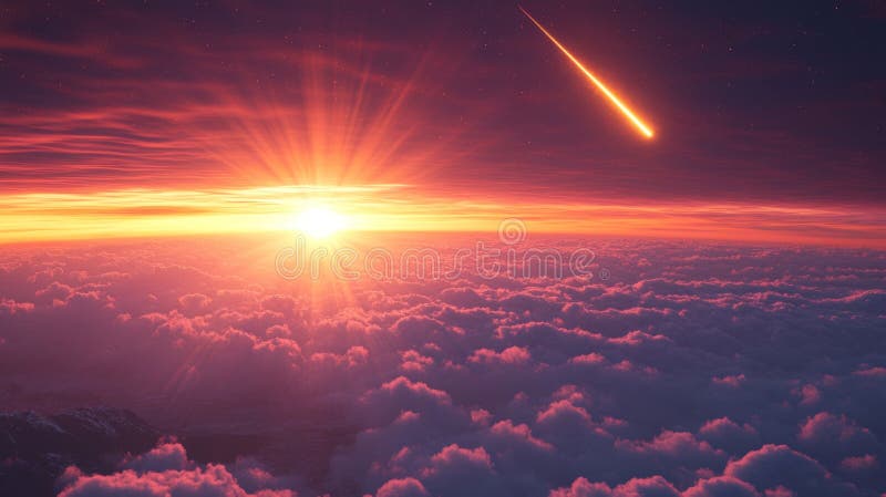 Stunning Sunset Over Clouds with Meteor Stock Illustration ...