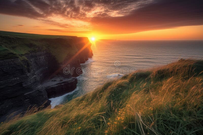 Stunning Sunset Over a Coastal Cliff Landscape, with the Sun Setting ...