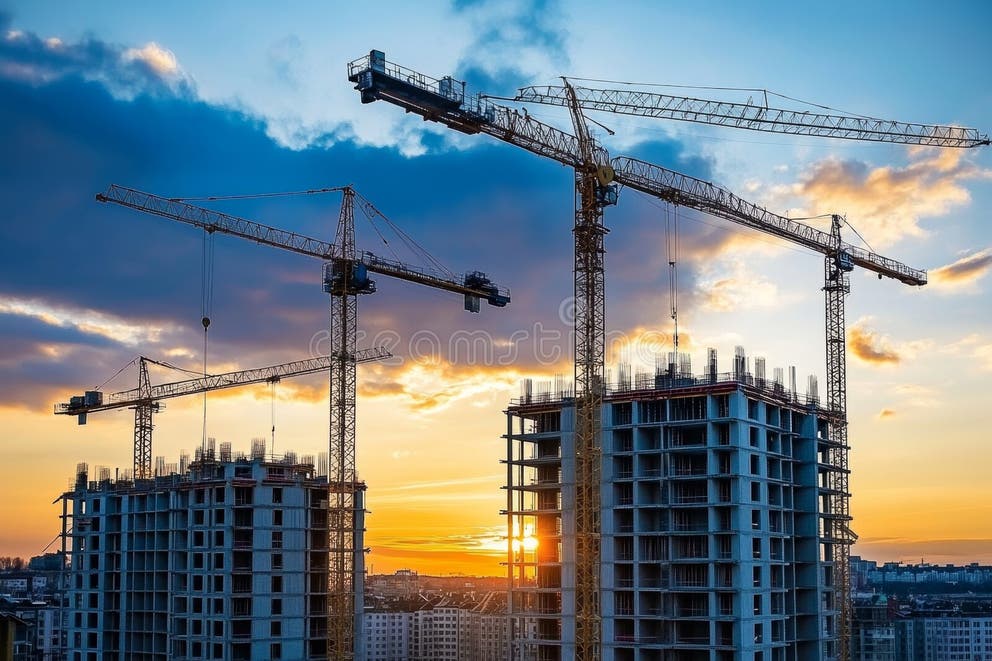 Stunning Sunset Over Construction Site Featuring Cranes and Apartment ...