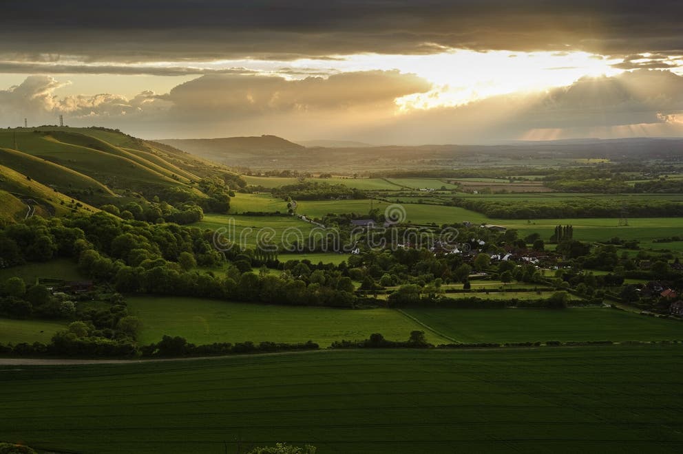 Stunning Sunset Over Countryside Landscape Stock Photo - Image of ...