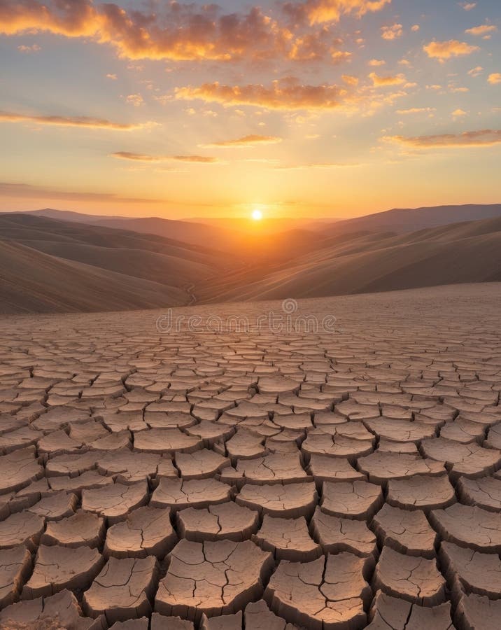 Stunning Sunset Over Dry Landscape with Cracked Soil and Hills Stock ...