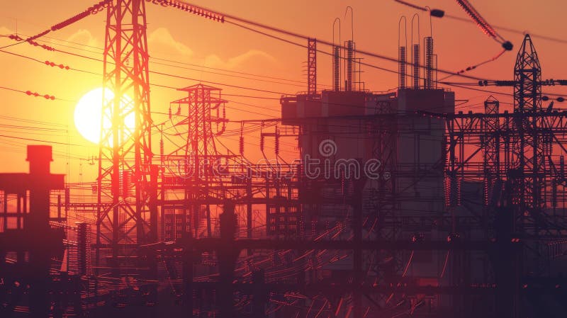 Stunning Sunset Over Electrical Substation with Power Lines Stretching ...