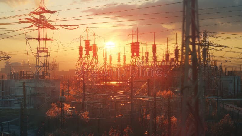 Stunning Sunset Over an Electrical Substation with Power Lines ...