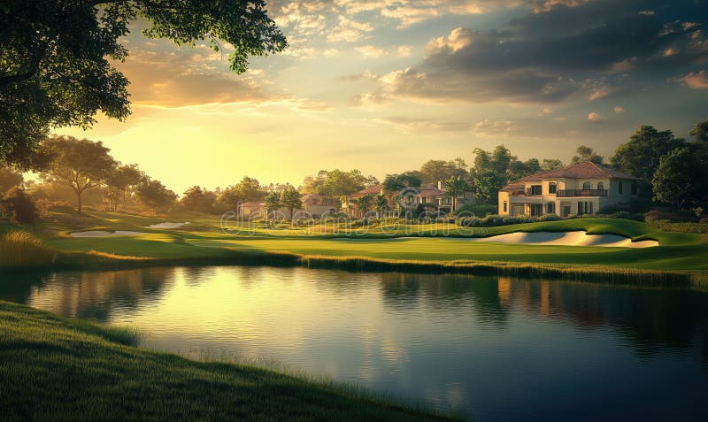Stunning Sunset Over Golf Course with Luxurious Homes and Serene Water ...