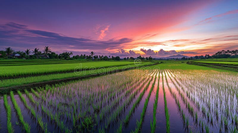 A Stunning Sunset Over a Lush Green Rice Paddy Field Stock Illustration ... A Stunning Sunset Over a Lush Green Rice Paddy Field Stock Illustration ...