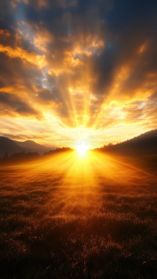 Stunning Sunset Over Meadow, with Golden Rays Illuminating Landscape ...