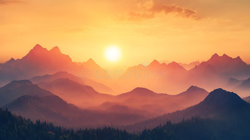Stunning Sunset Over Misty Mountain Range Landscape Photography Stock ...