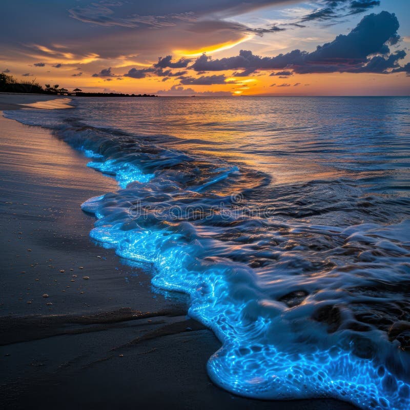 Stunning Sunset Over the Ocean with Glowing Waves Stock Illustration ...