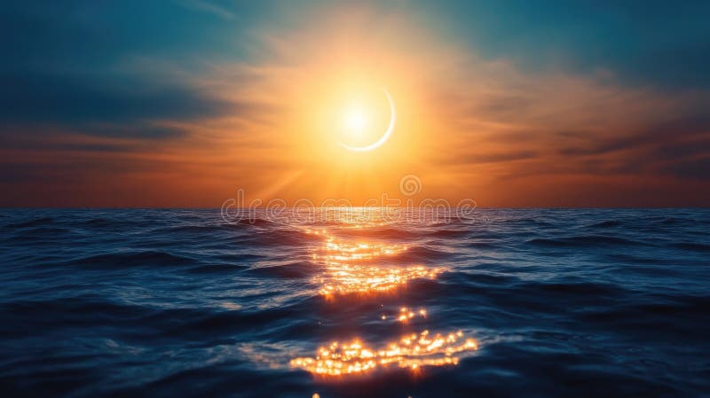 Stunning Sunset Over Ocean Horizon with Glowing Crescent Sun Reflection ...