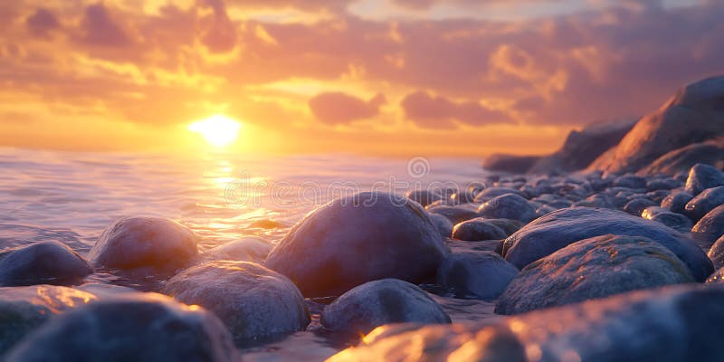 Stunning Sunset Over Ocean Rocks a Serene Seascape Stock Illustration ...