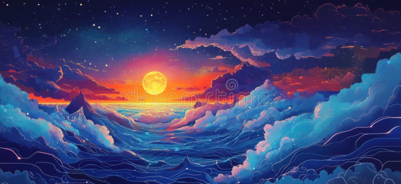 Stunning Sunset Over Ocean with Vibrant Clouds and Glowing Moonlight ...