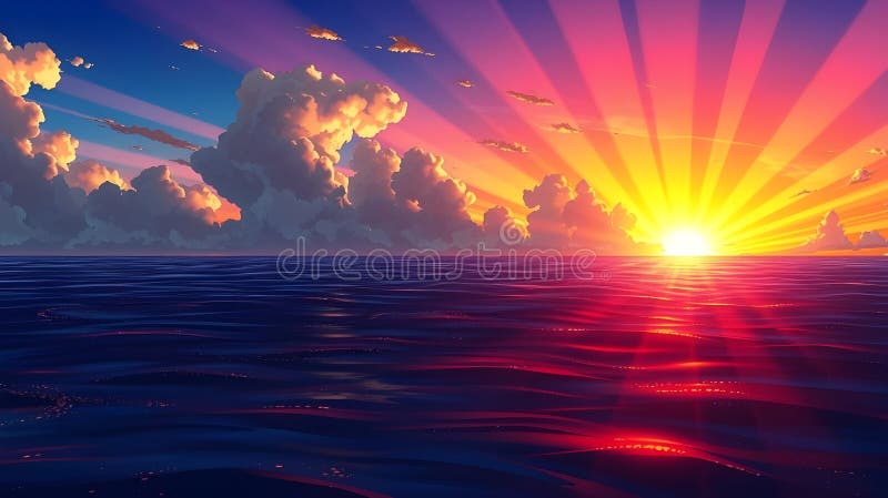 A Stunning Sunset Over the Ocean Stock Illustration - Illustration of ...