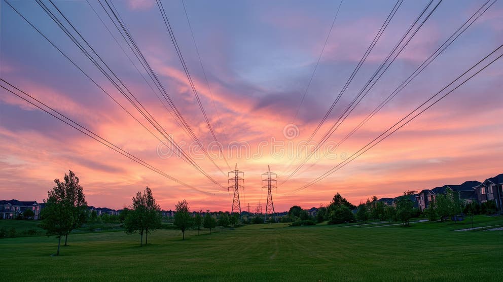 The Stunning Sunset Over Powerlines and Lush Green Fields. AI Generated Image Stock Image ...