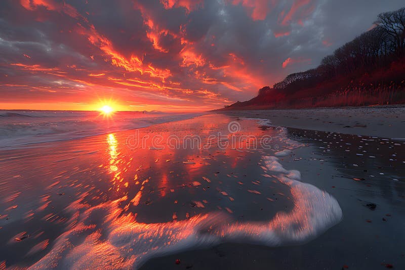 Stunning Sunset Over Pristine Beach with Reflective Waves and Dramatic ...
