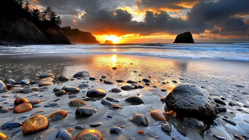 Stunning Sunset Over Rocky Beach with Colorful Pebbles and Waves Stock ...