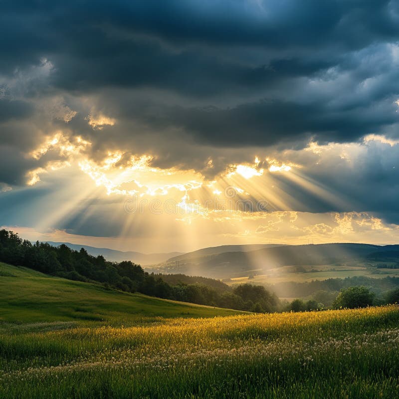 Stunning Sunset Over Rolling Hills with Dramatic Clouds and Sun Rays ...