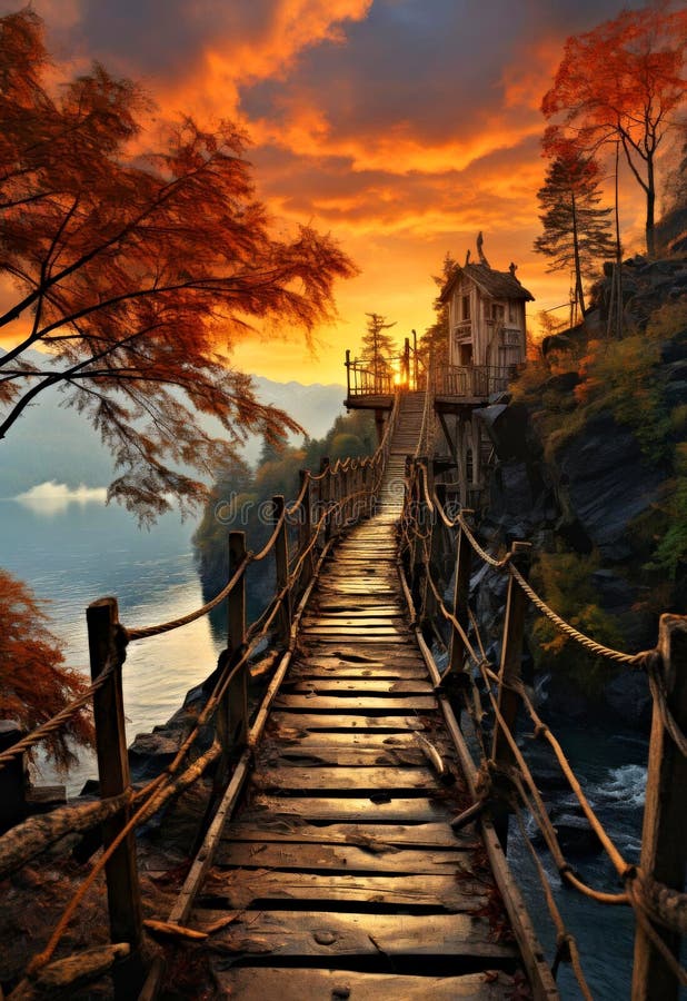 Stunning Sunset Over Rustic Bridge and Scenic Treehouse Overlooking ...